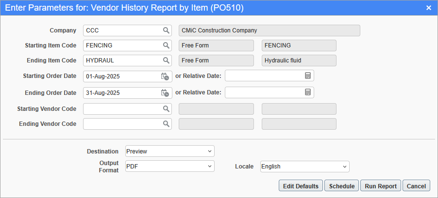 Purchase Order - Vendor History Report