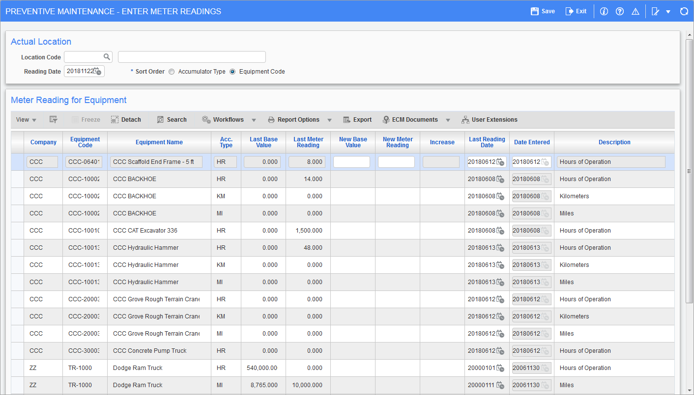 Preventive Maintenance - Enter Meter Reading