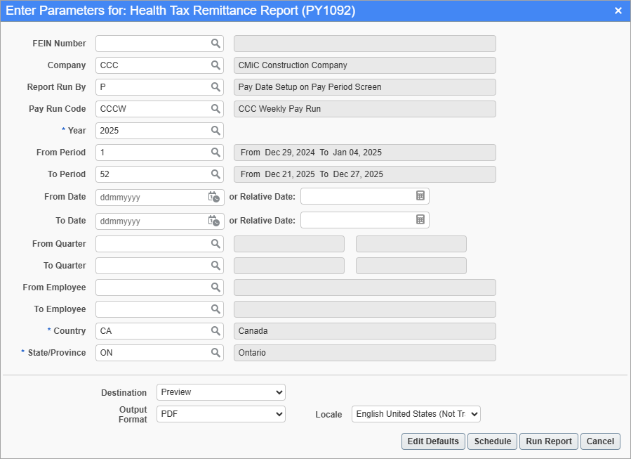 International Payroll - Health Tax Remittance Report