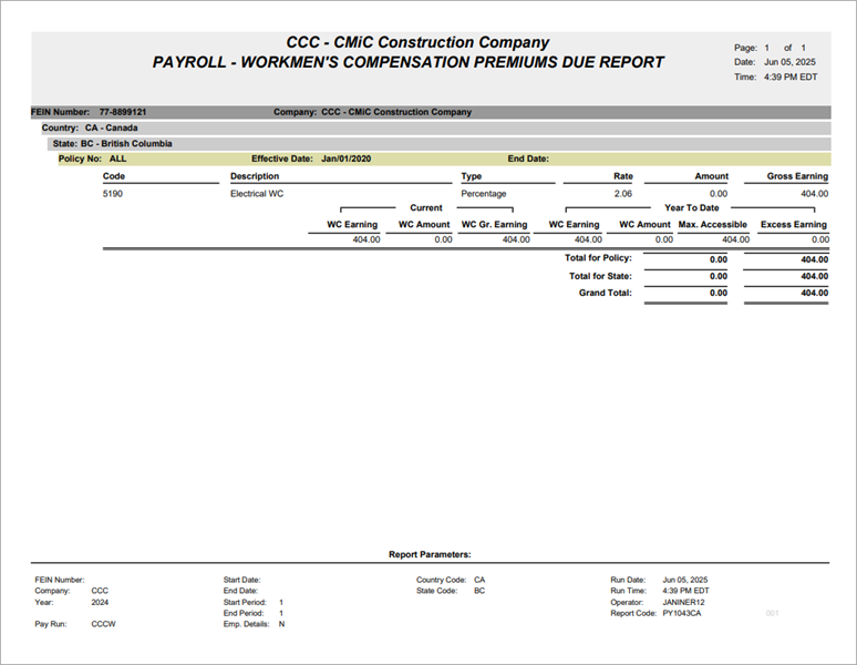 International Payroll - Worker Compensation Premium Due (CA)