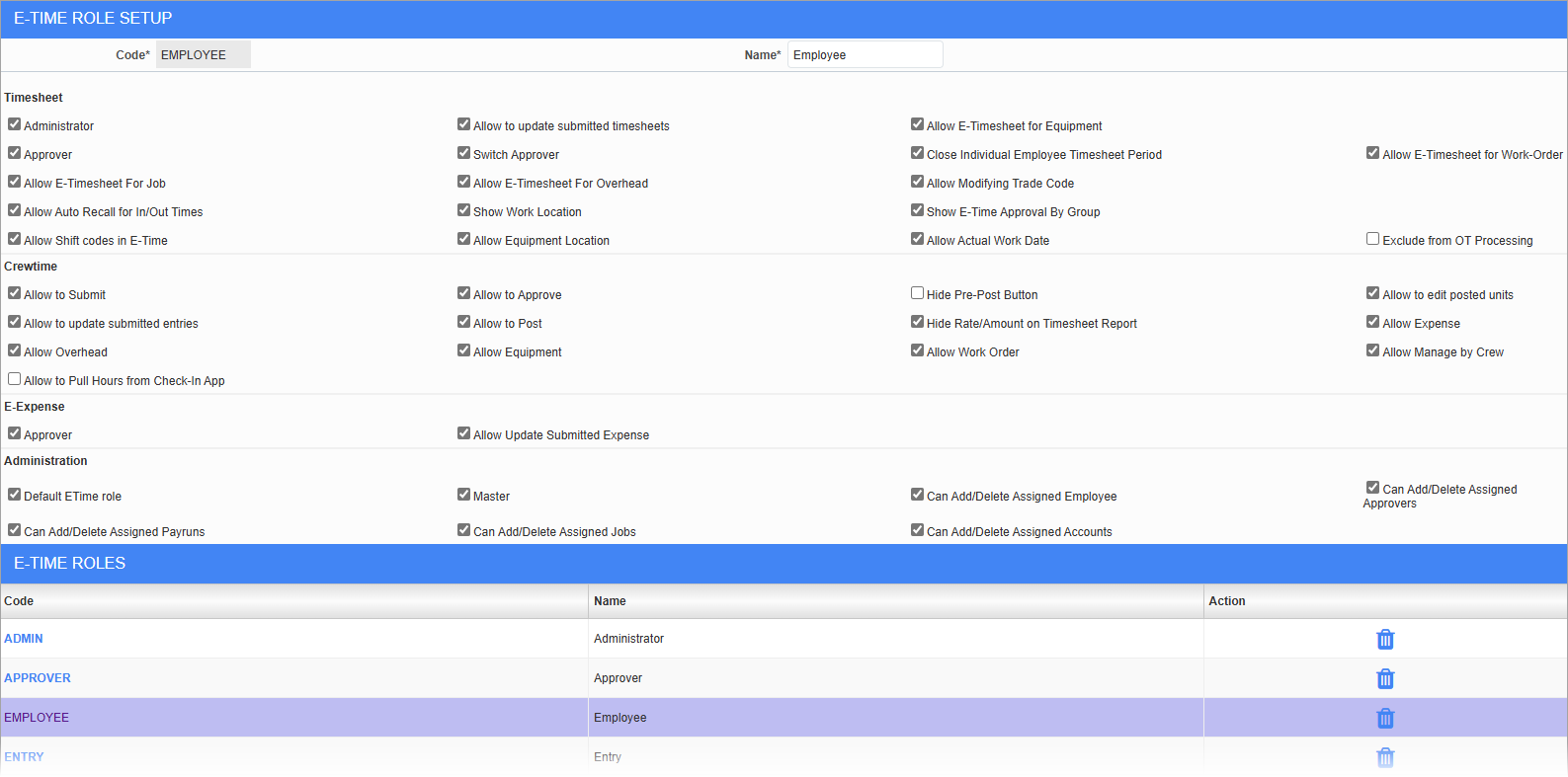 E-Time - Role Maintenance (E-Time Roles)
