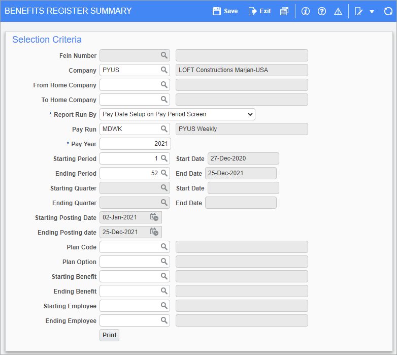 US Payroll - Benefits Register Summary