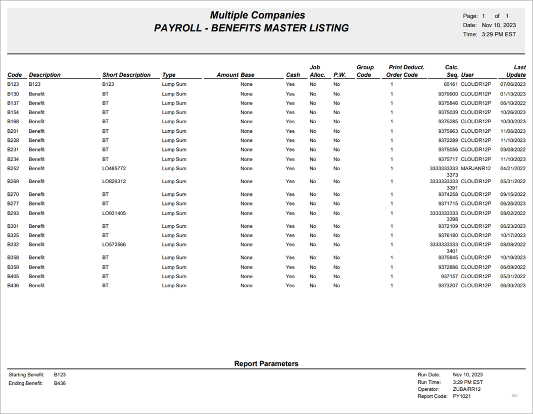 US Payroll - Benefits Master Listing