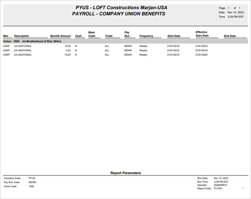 US Payroll - Company Union Benefit