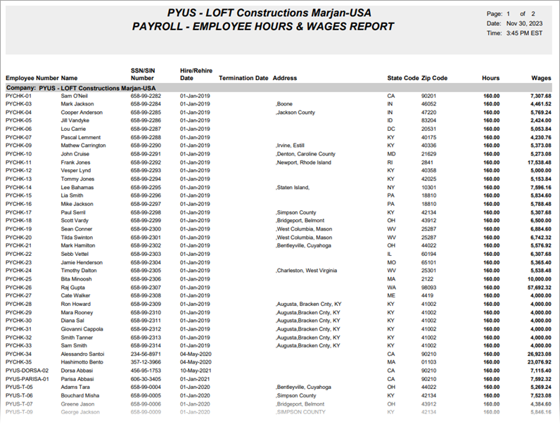 US Payroll - Employee Hours and Wages