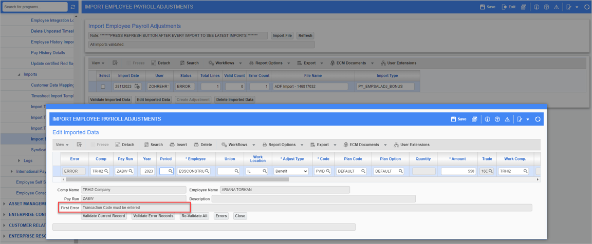 Importing Employee Payroll Adjustments