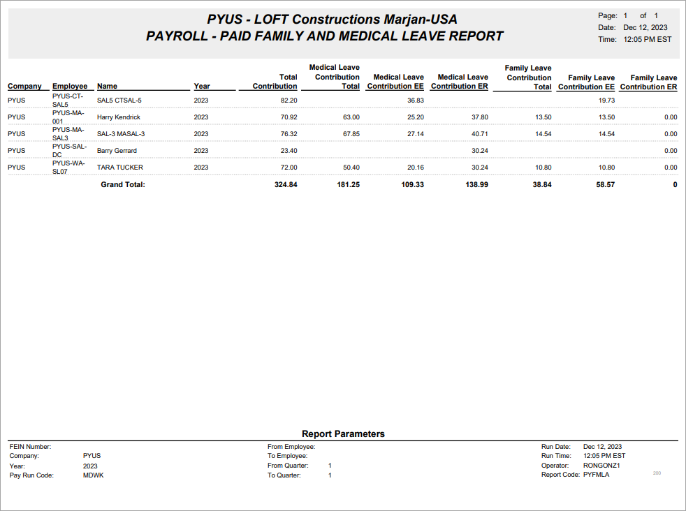 US Payroll - Paid Family and Medical Leave Report
