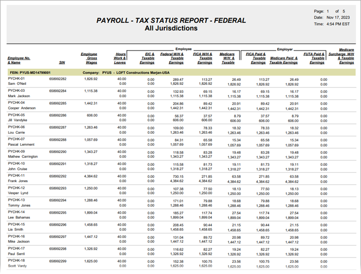 US Payroll - Tax Status Report - Federal
