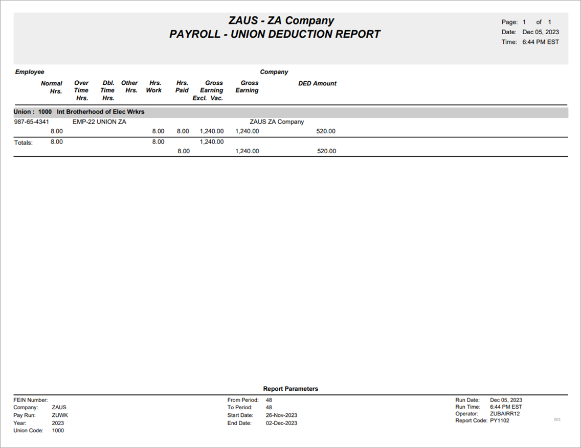 US Payroll - Union Deduction Report