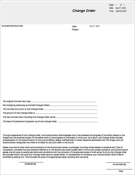 Subcontract Management - Change Order Document With Source of Funds