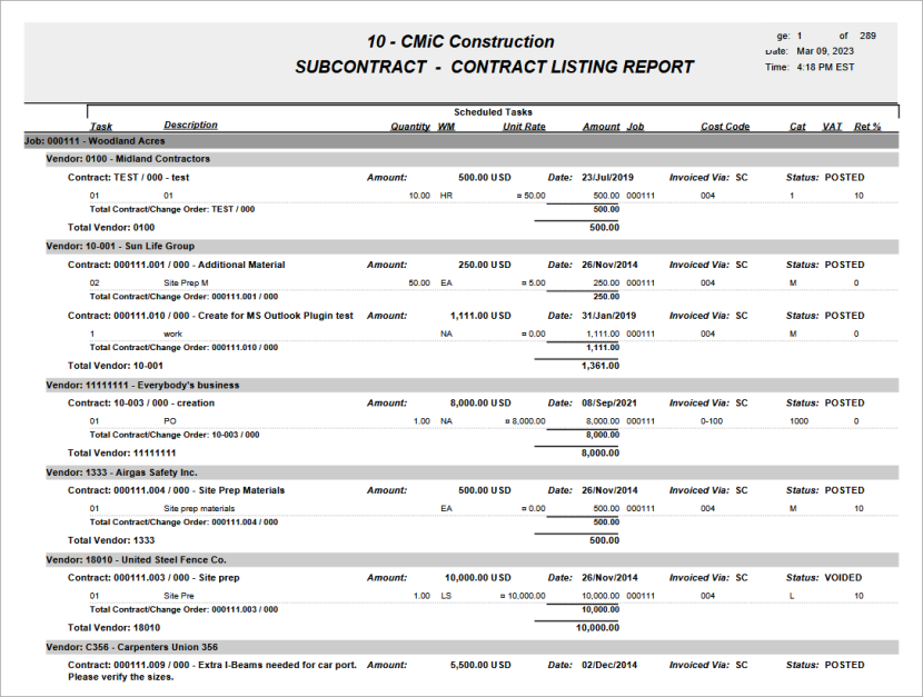 Subcontract Management - Contract Listing Report