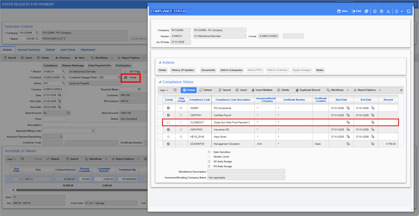 Subcontract Management - Hold Final Payment Only Functionality