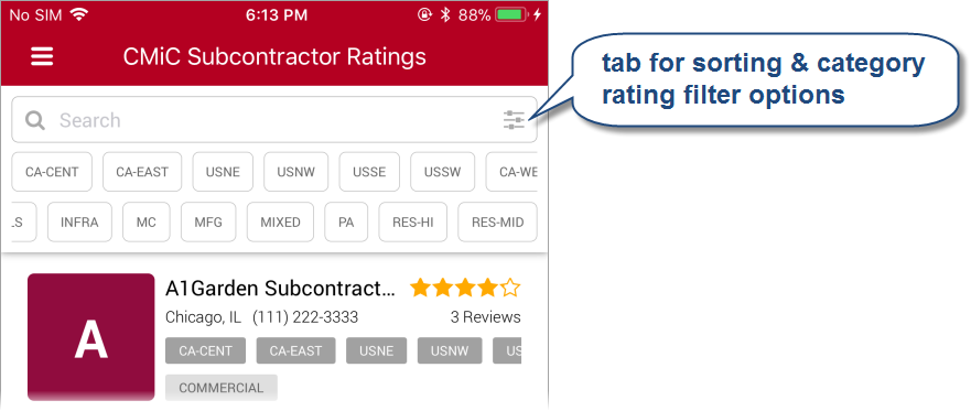 Subcontractor Ratings Mobile - Searches, Sorts & Filters