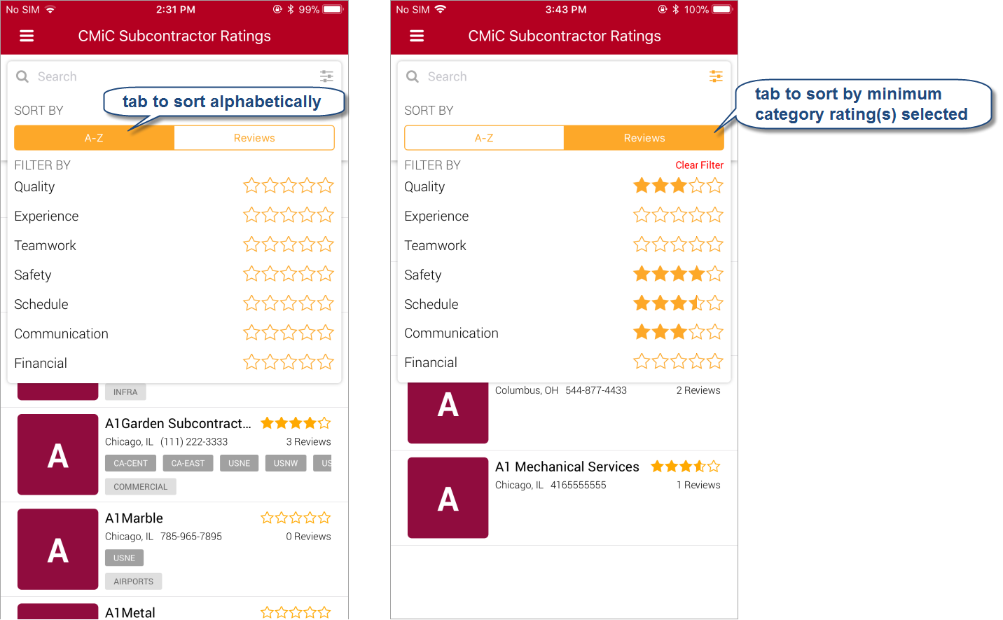 Subcontractor Ratings Mobile - Searches, Sorts & Filters