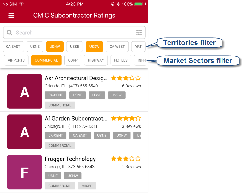 Subcontractor Ratings Mobile - Searches, Sorts & Filters