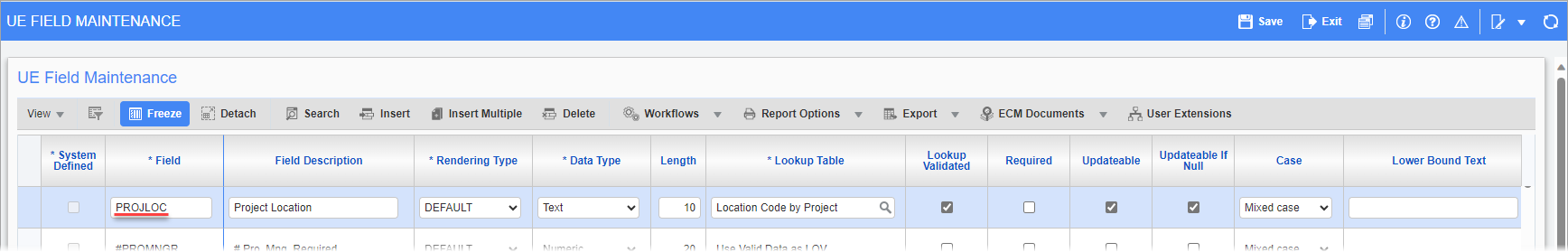 System Data - Adding a Project Location Code to a Screen