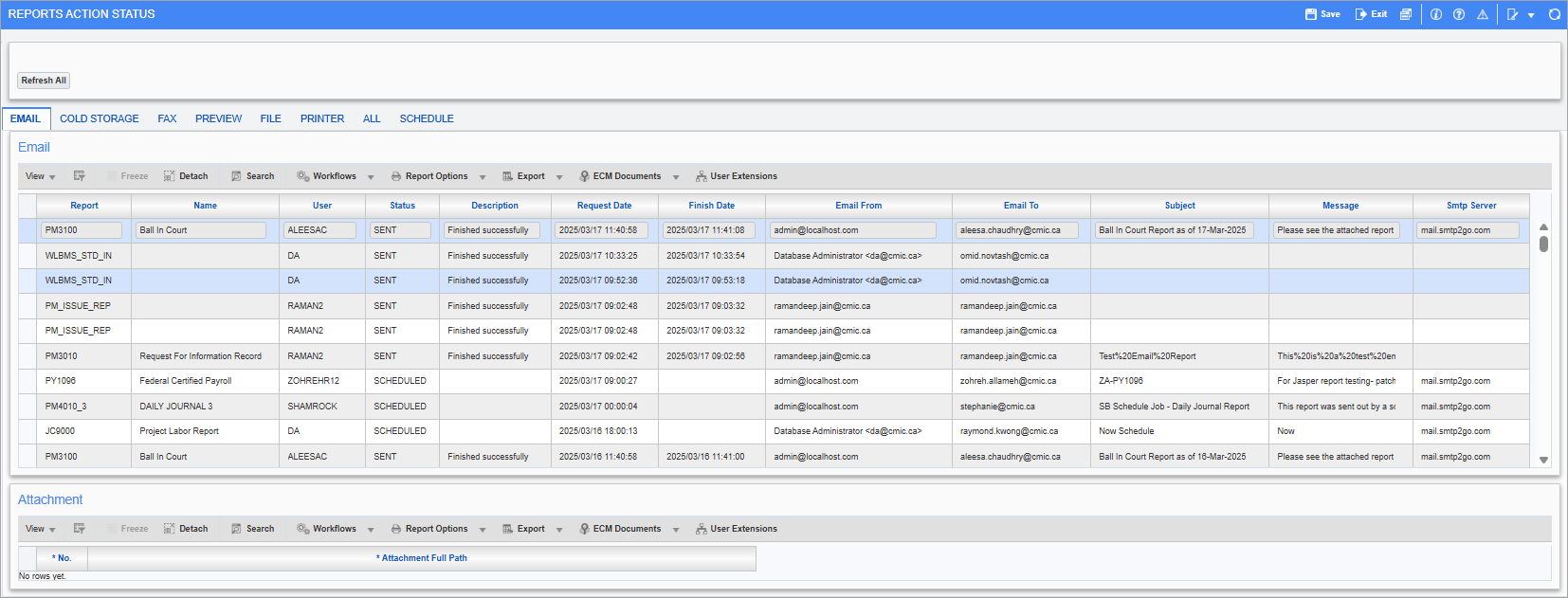 System Data - Reports Action Status