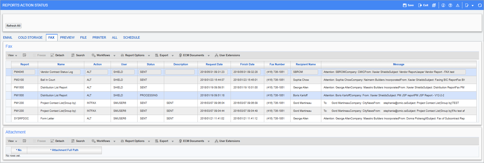 System Data - Reports Action Status