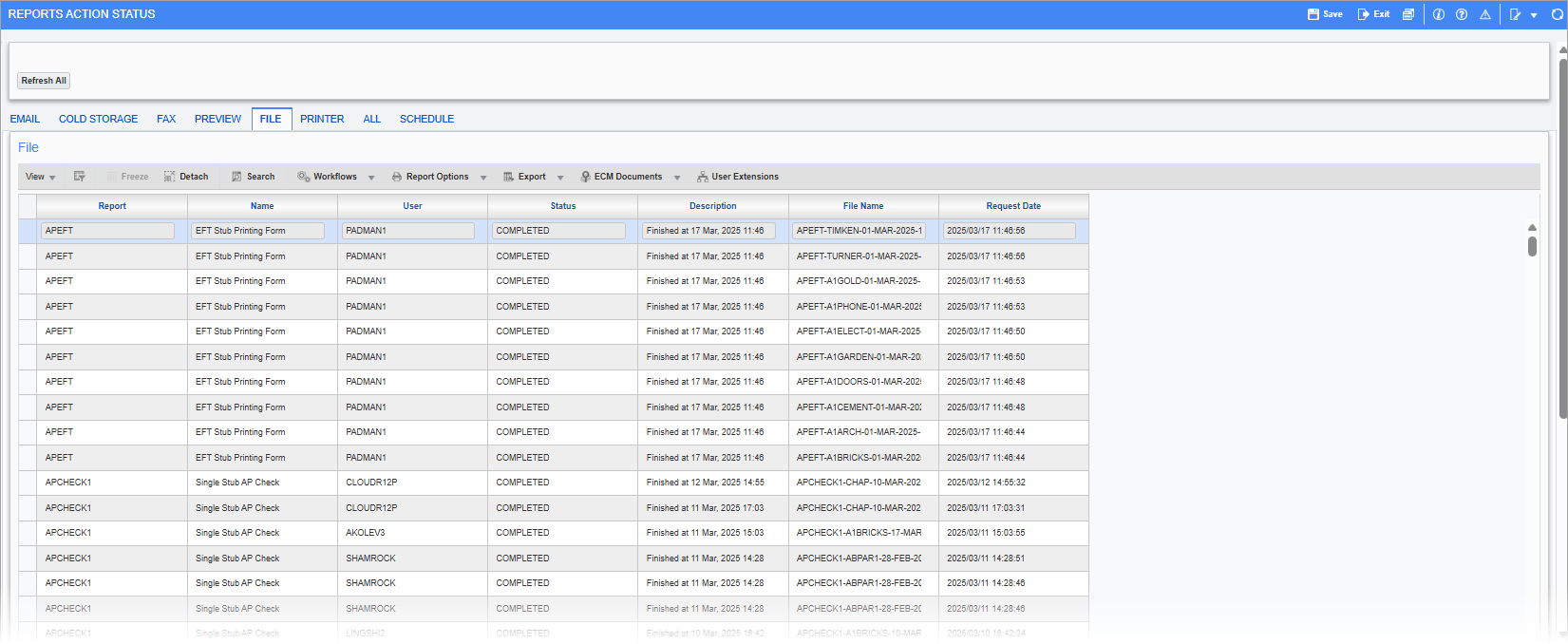System Data - Reports Action Status