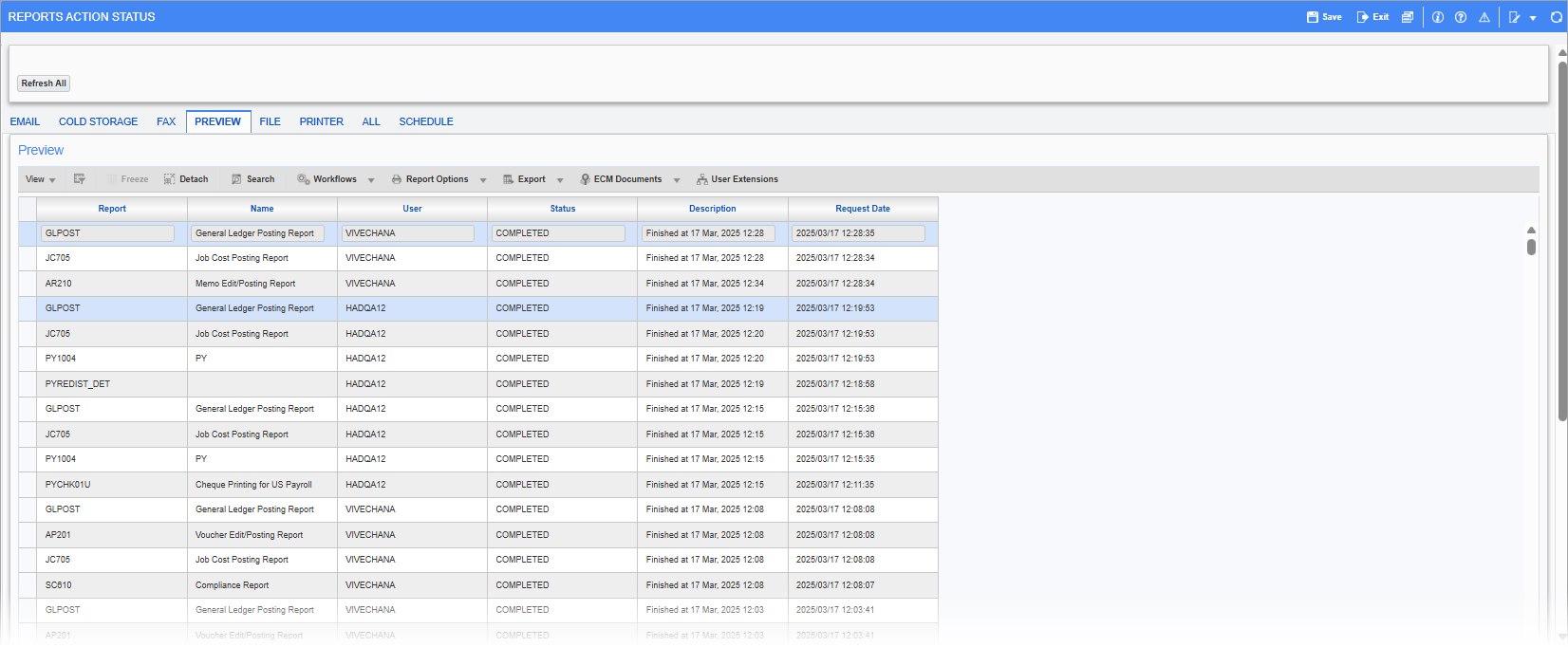 System Data - Reports Action Status