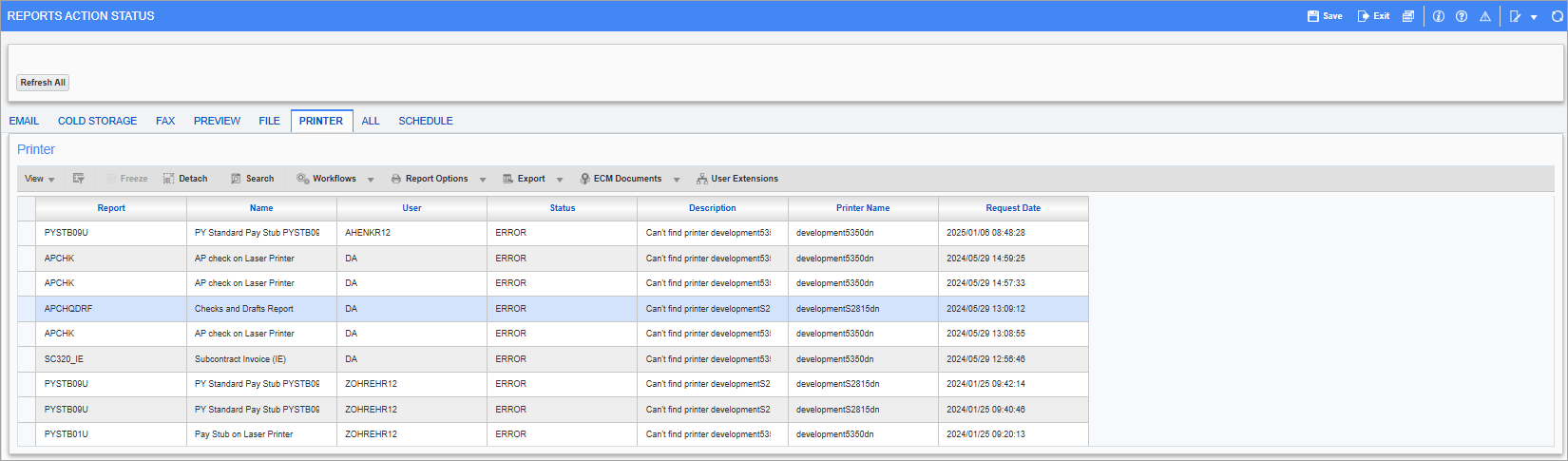 System Data - Reports Action Status