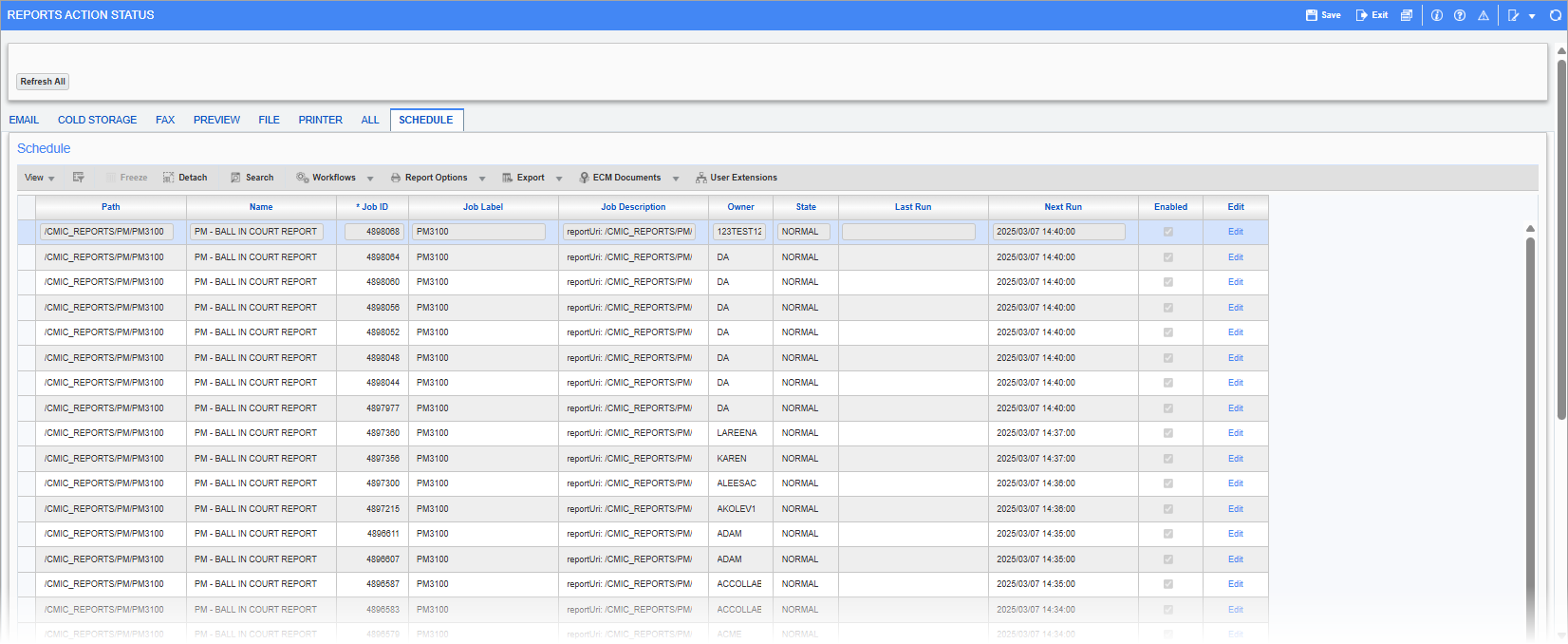 System Data - Reports Action Status