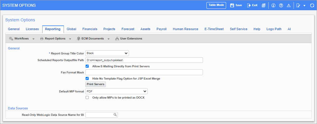 System Data - System Options - Reporting - Tab